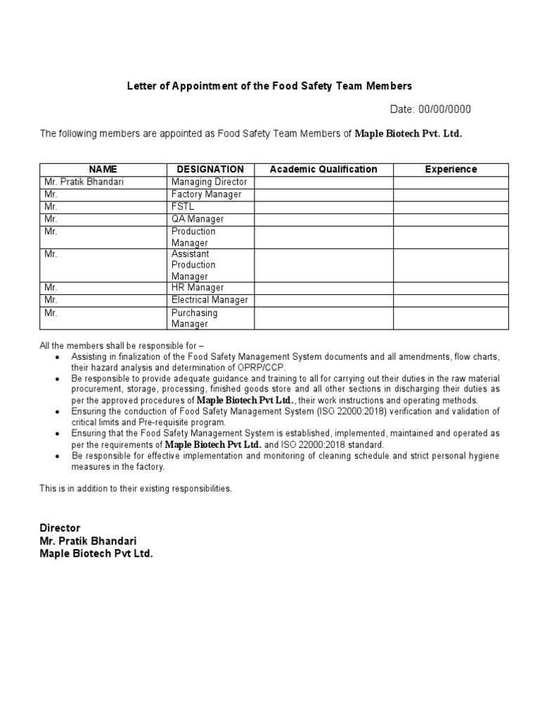 Letter of Appointment of Food Safety Team | PDF