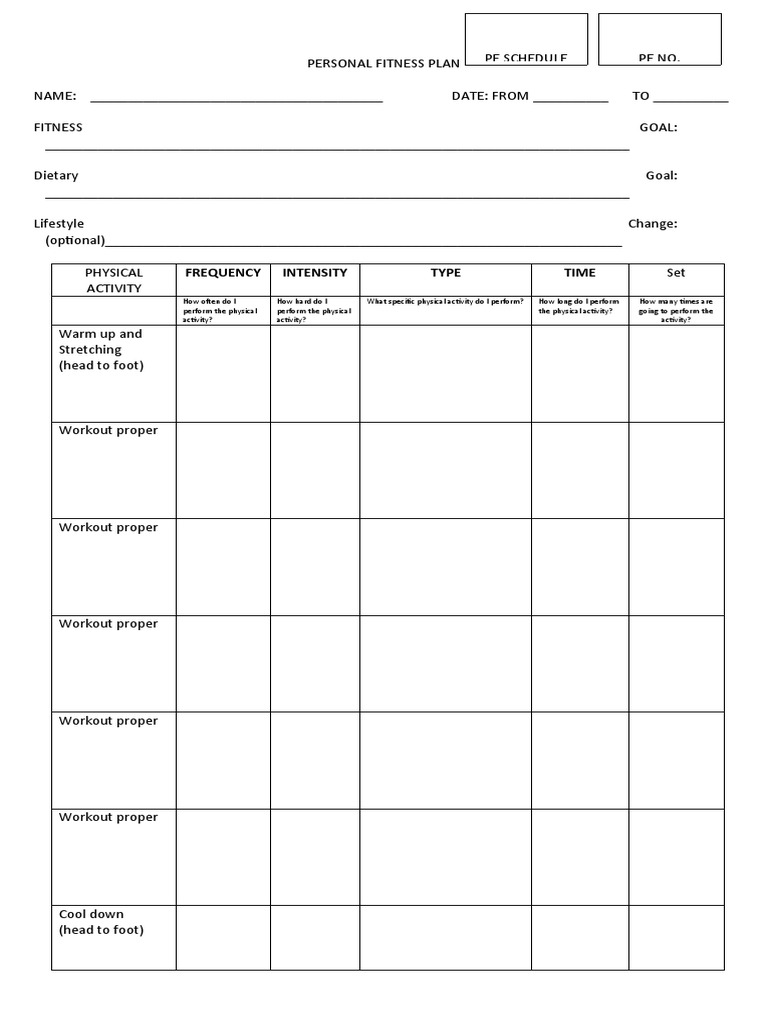 PERSONAL FITNESS PLAN Template | PDF | Wellness | Medical