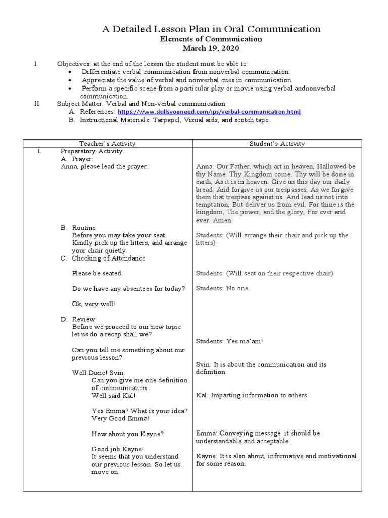 Verbal and Nonverbal Communication Lesson Plan | PDF | Nonverbal ...