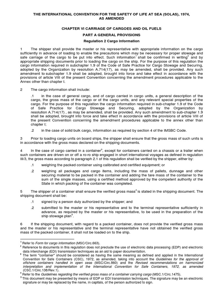 SOLAS CHAPTER VI - VGM Amendment | PDF | Cargo | Electronic Data ...