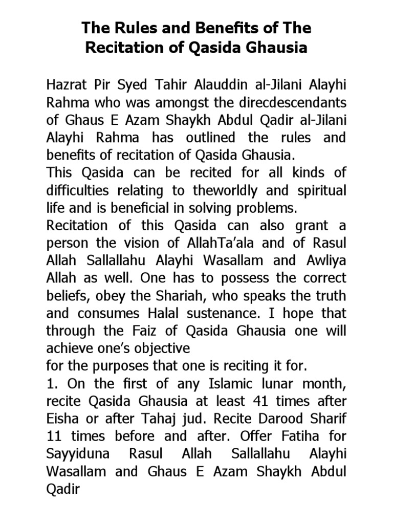 The Rules and Bene Ts of The Recitation of Qasida Ghausia | PDF ...