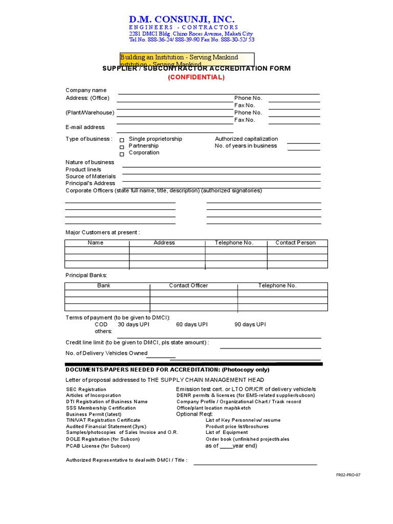 Supplier Subcontractor Accreditation Form (FR02-PRO-07) | PDF ...