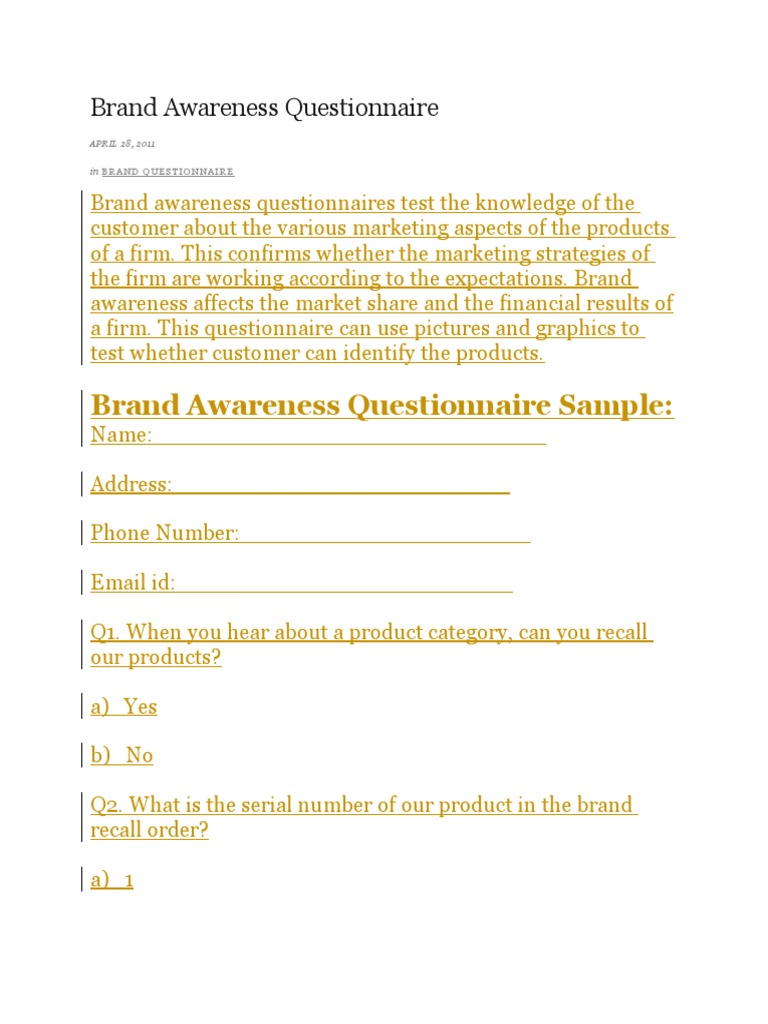 Brand Awareness Questionnaire Sample | PDF | Career & Growth
