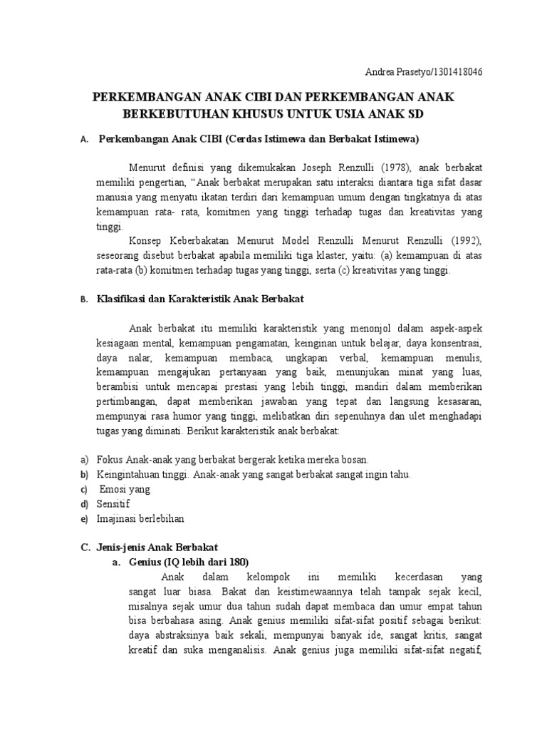 Ciri dan Klasifikasi Anak CIBI | PDF | Karier & Perkembangan | Sains ...