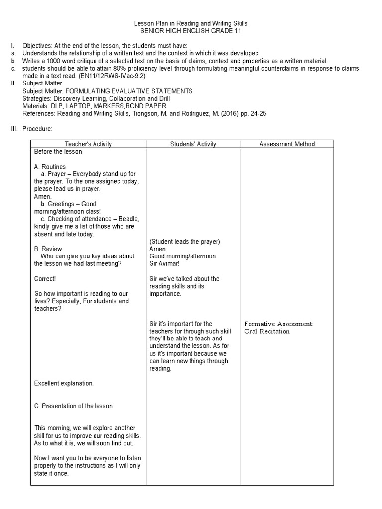Lesson Plan in Reading and Writing Skills | PDF | Lesson Plan ...