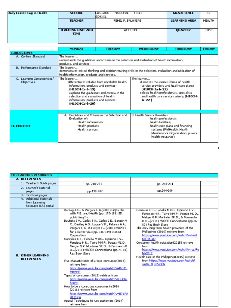 Q1 Grade 10 HEALTH DLL Week 1 | PDF | Learning | Teachers