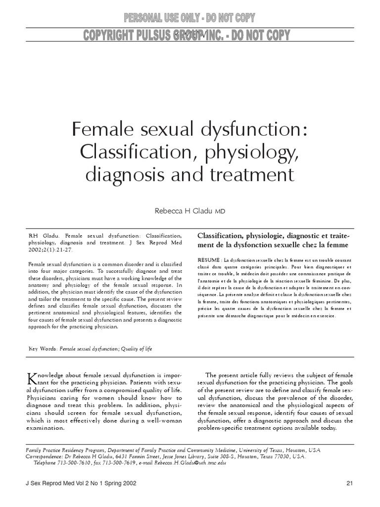 Female Sexual Dysfunction Classification Physiology Diagnosis And
