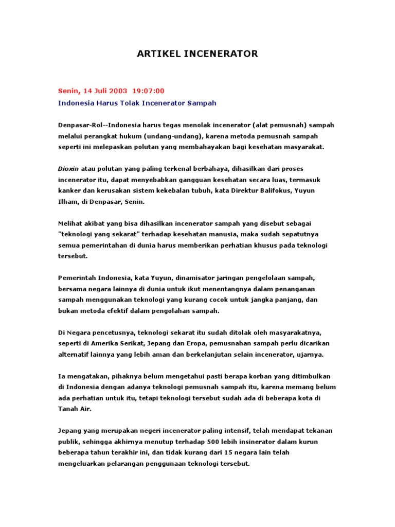 Artikel Bahaya Incenerator | PDF