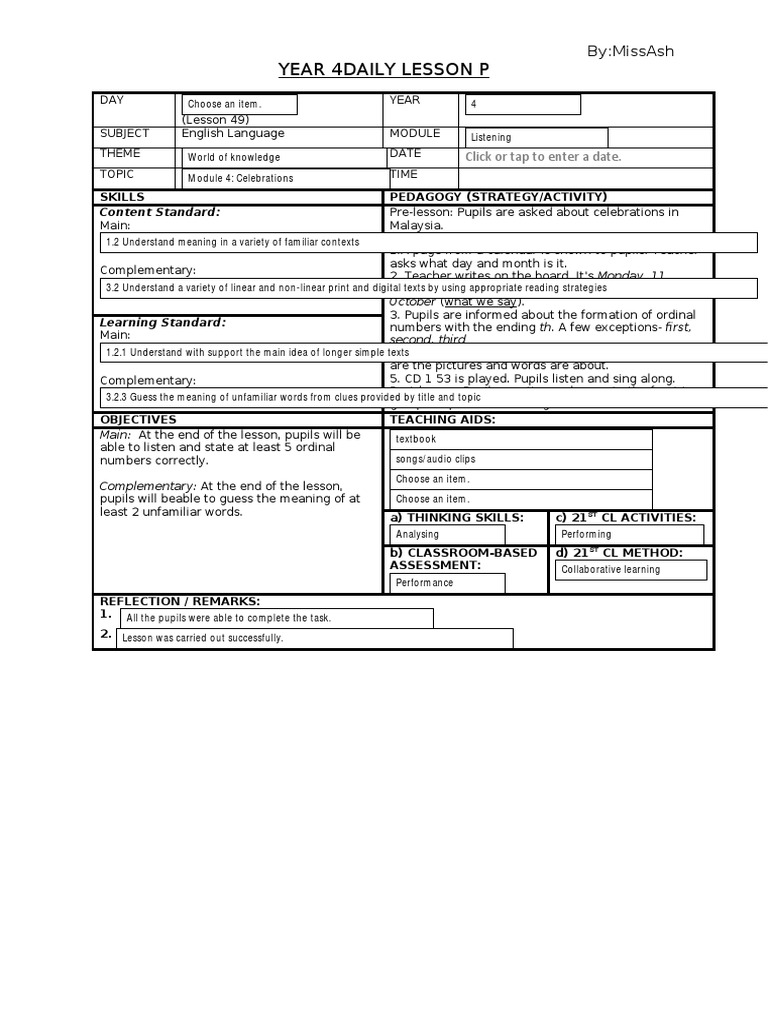 Year 4 English Lesson Plan Exmple by Miss Ash Topic Celebrations | PDF ...