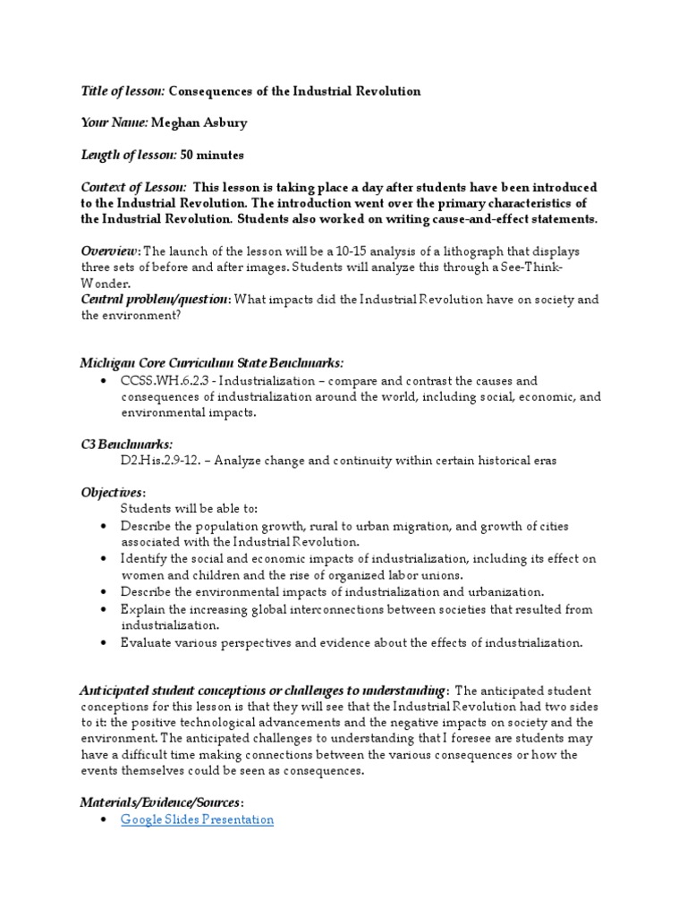 Consequences of The Industrial Revolution Lesson Plan | Download Free ...