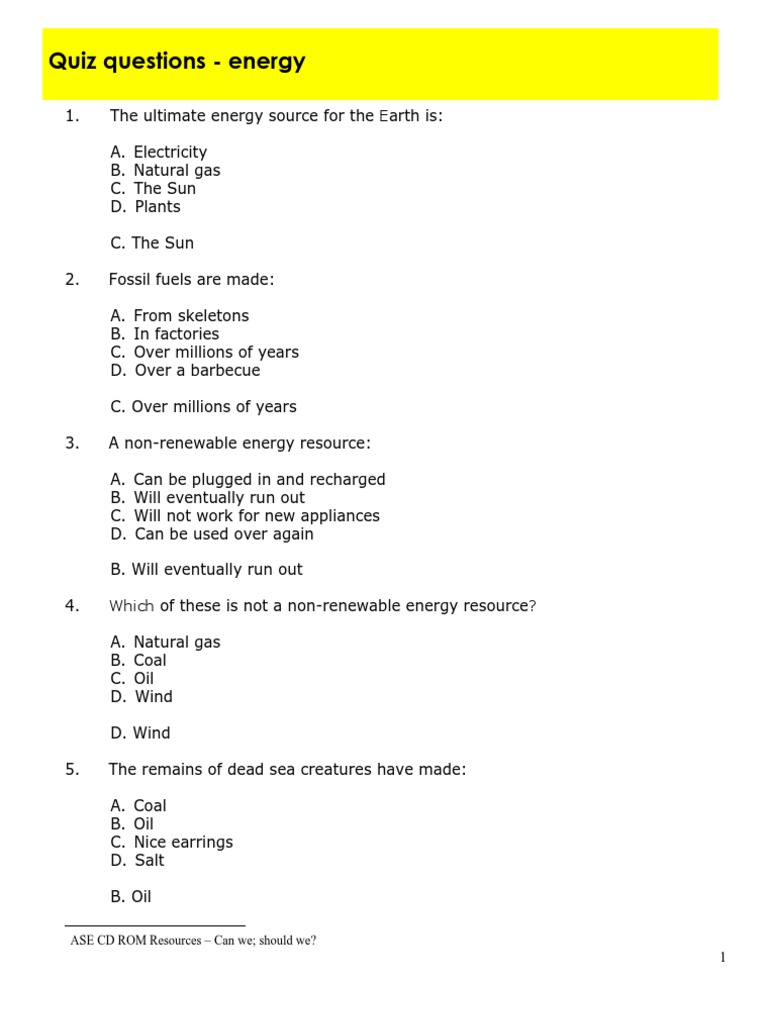 Quiz Questions - Energy: ASE CD ROM Resources - Can We Should We? | PDF ...