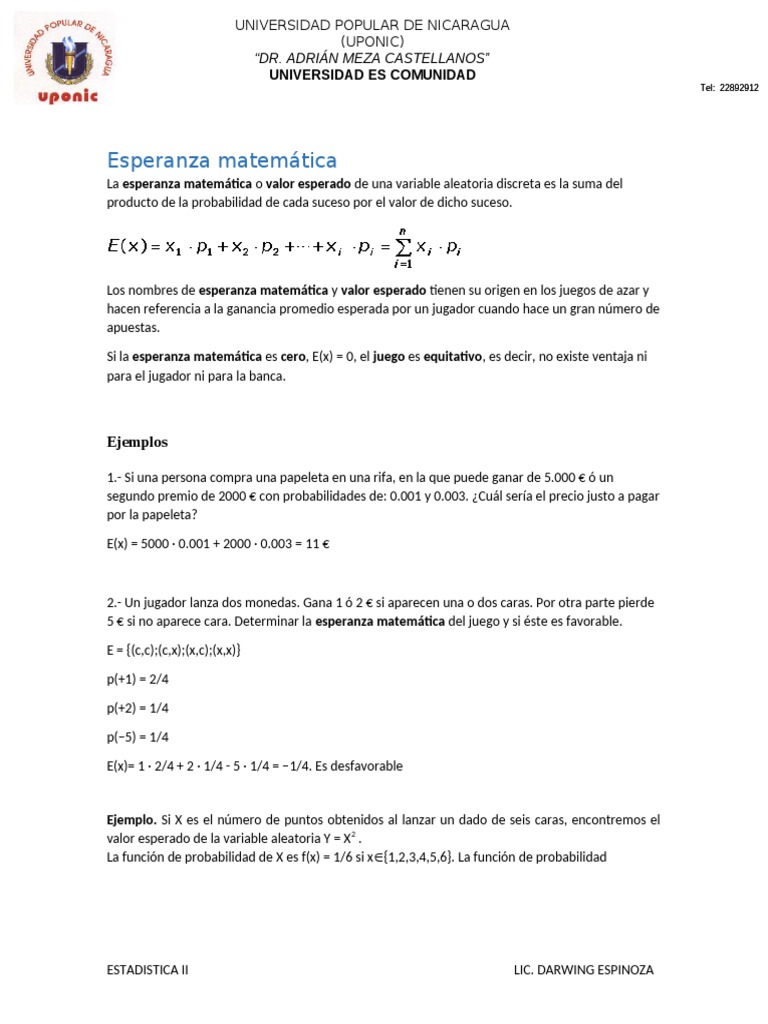 Esperanza Matematica PDF | PDF | Valor esperado | Variable aleatoria