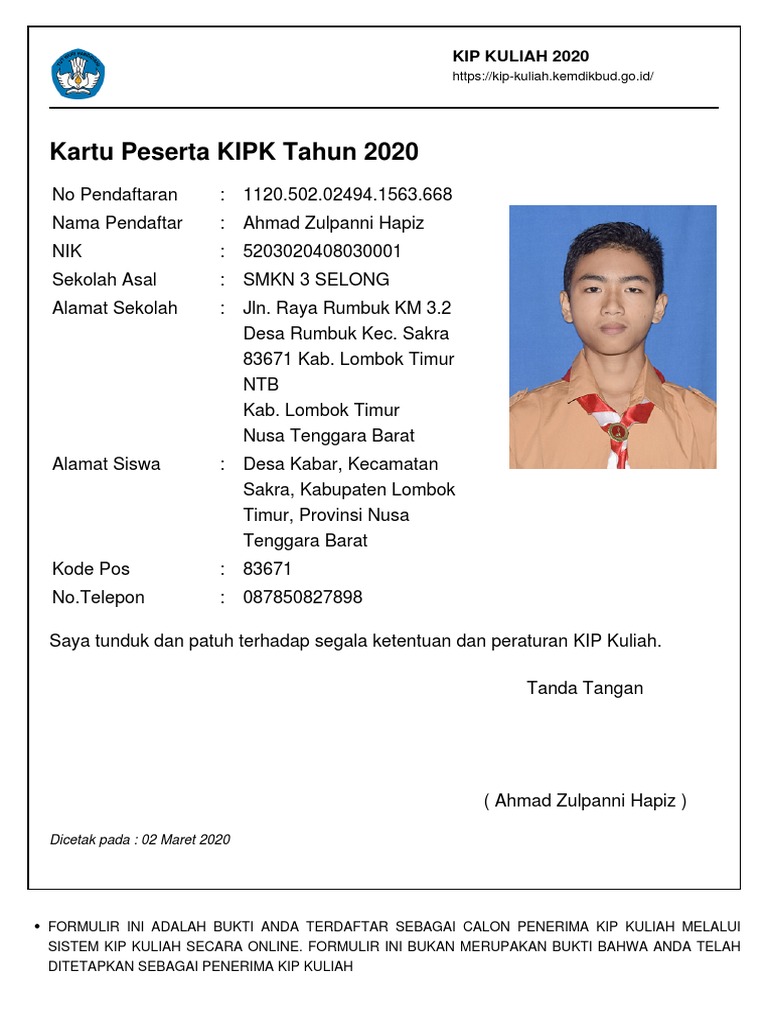 Kartu Peserta KIPK 2020 | PDF