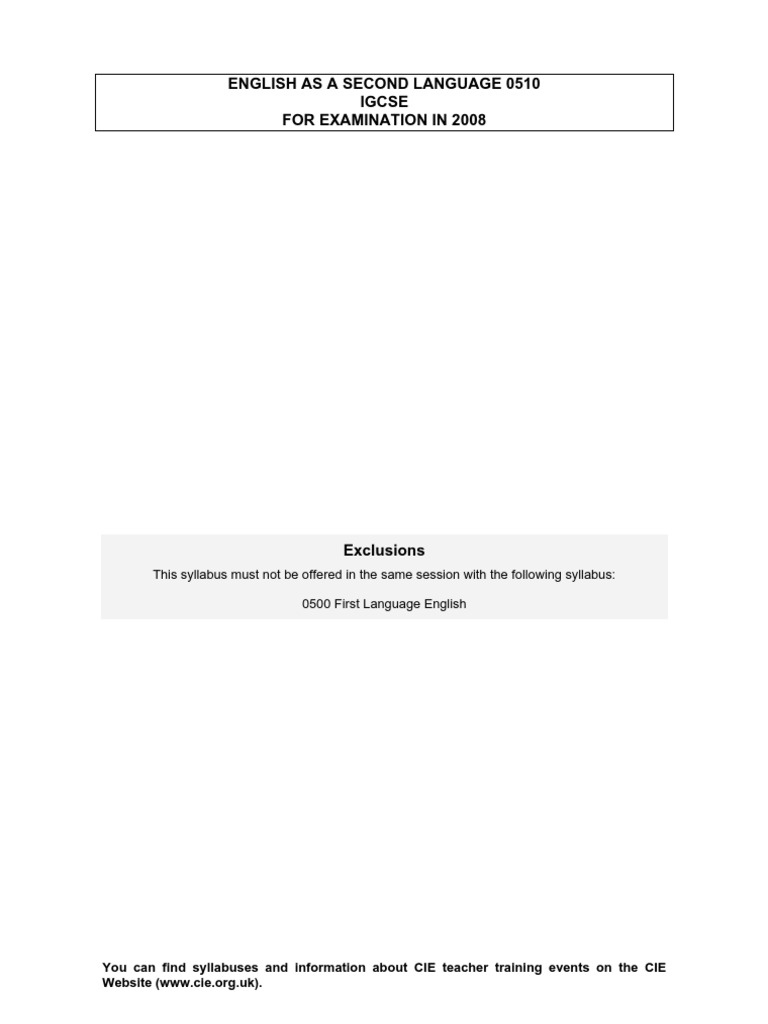 Important Notice: English As A Second Language 0510 Igcse For ...