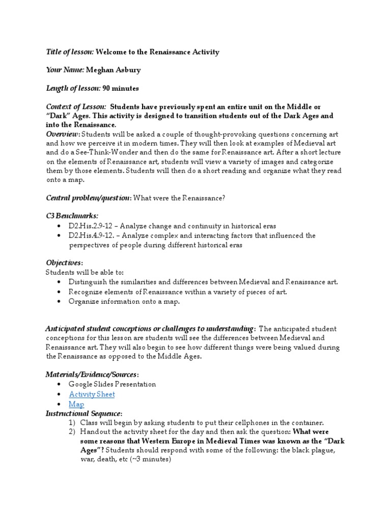 Welcome To The Renaissance Lesson Plan | PDF | Renaissance | Cognition