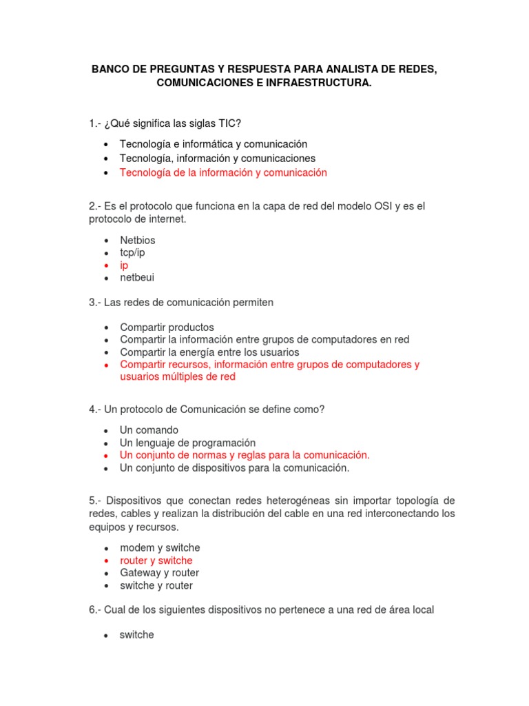 Banco de Preguntas y Respuesta para Analista de Redes | PDF | Enrutador (Computación) | Red de ...