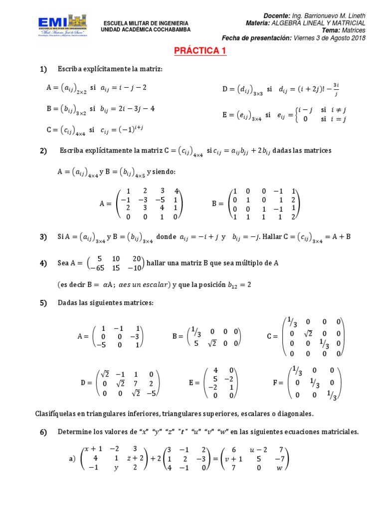 PRÁCTICA 1 Emi Algebra Lineal | PDF | Matriz (Matemáticas) | Álgebra
