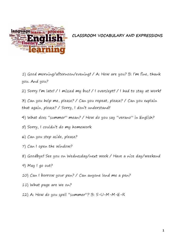 Essential Classroom English Phrases | PDF | Foreign Language Studies | Art