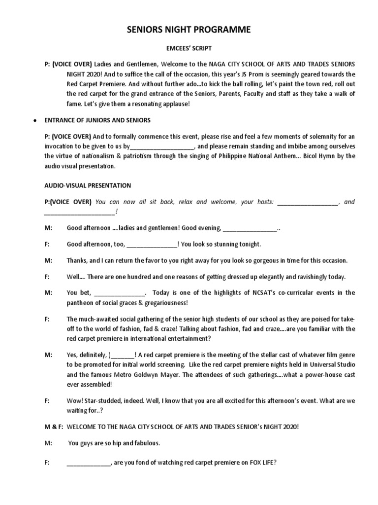 DRAFT SCRIPT For Seniors Night | PDF | Prom