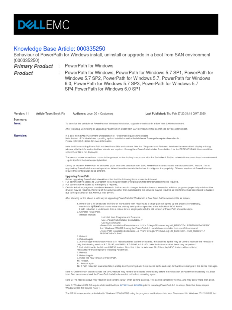 Behaviour of PowerPath For Windows Install, Uninstall or Upgrade in A Boot From SAN Environment ...