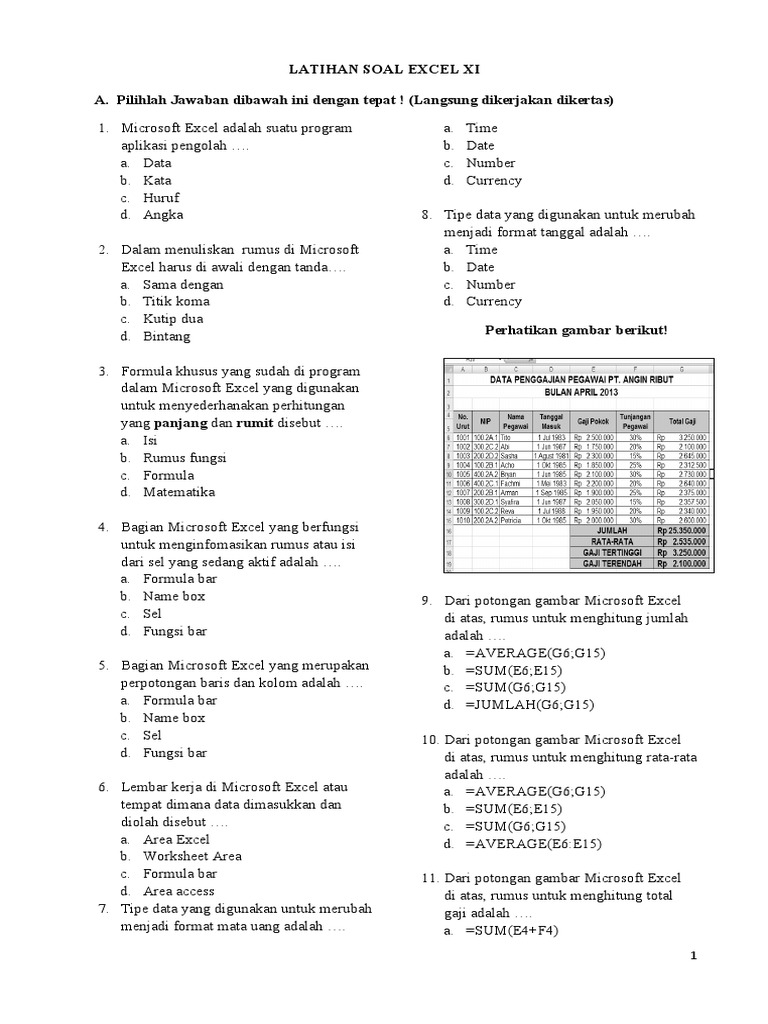 Latihan Soal Excel - Edit | PDF
