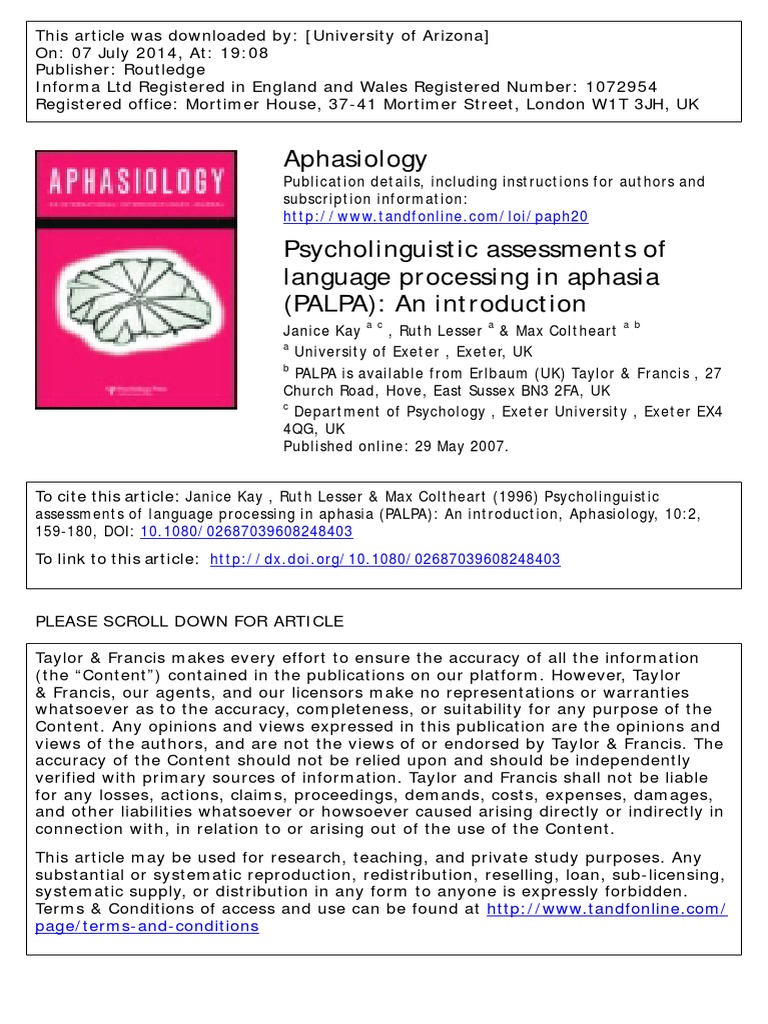 PALPA Introduction (Kay, Lesser Coltheart, 1996) PDF | PDF | Speech | Word