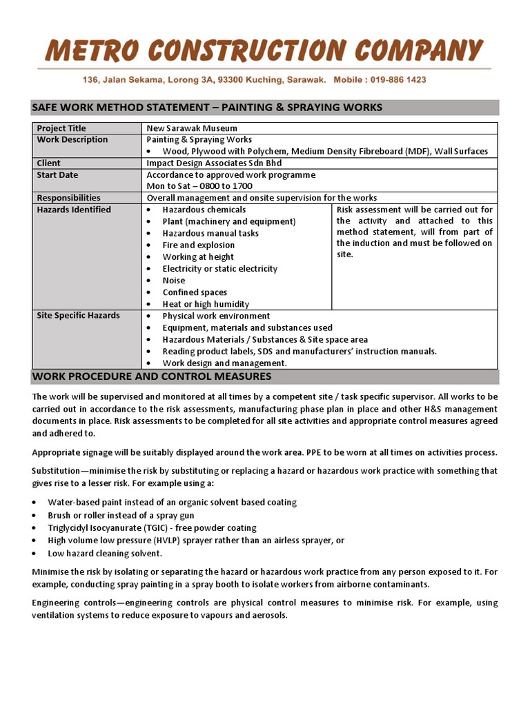 Unitech Metro - SAFE WORK METHOD STATEMENT - PAINTING | PDF | Paint | Materials