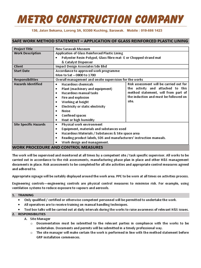 Unitech Metro - SAFE WORK METHOD STATEMENT - GLASS FIBER | PDF ...