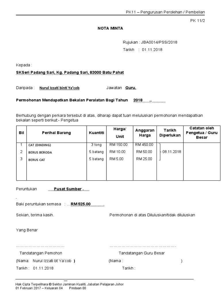 Nota Minta Pss Bulan 11 | PDF