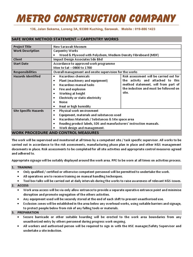 Unitech Metro - SAFE WORK METHOD STATEMENT - CARPENTRY | PDF | Personal ...