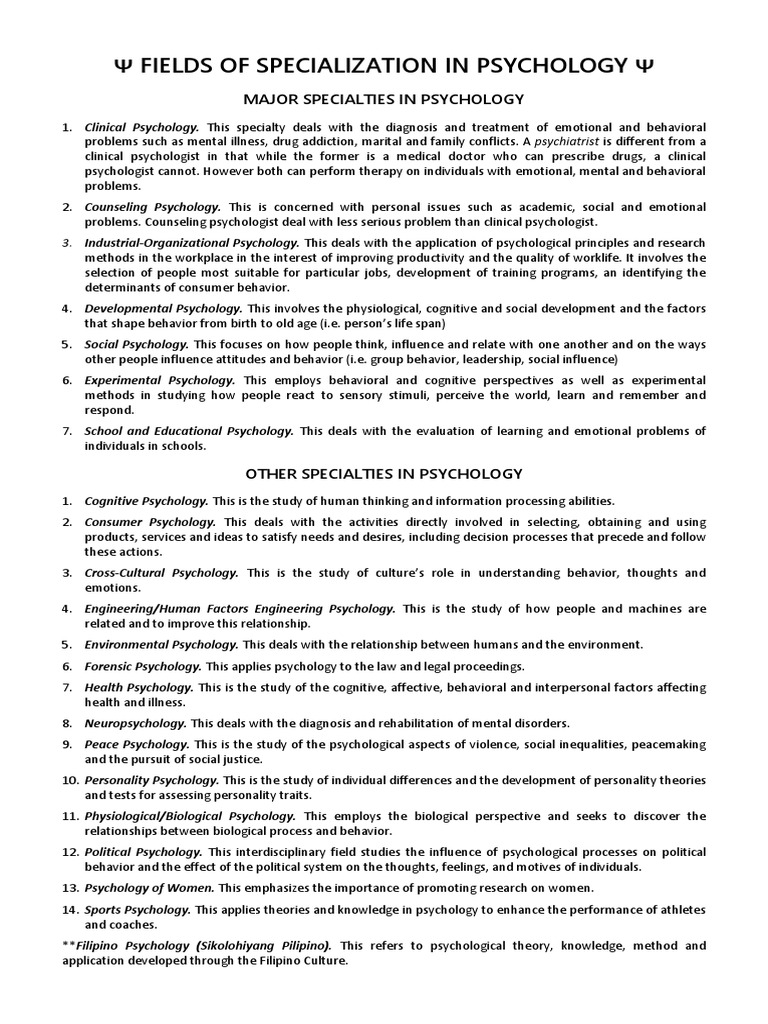 Fields of Specialization in Psychology | PDF | Clinical Psychology ...
