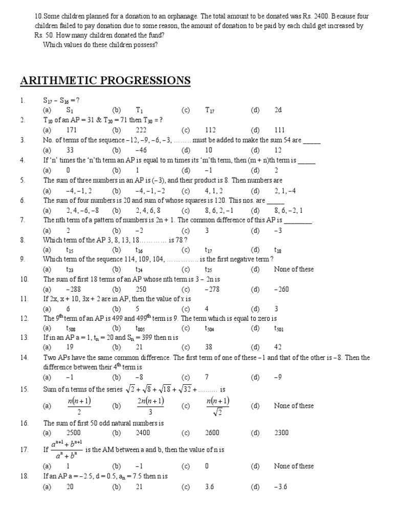 CBSE Class 10 Arithmetic Progressions PDF | PDF | Mathematical Concepts ...