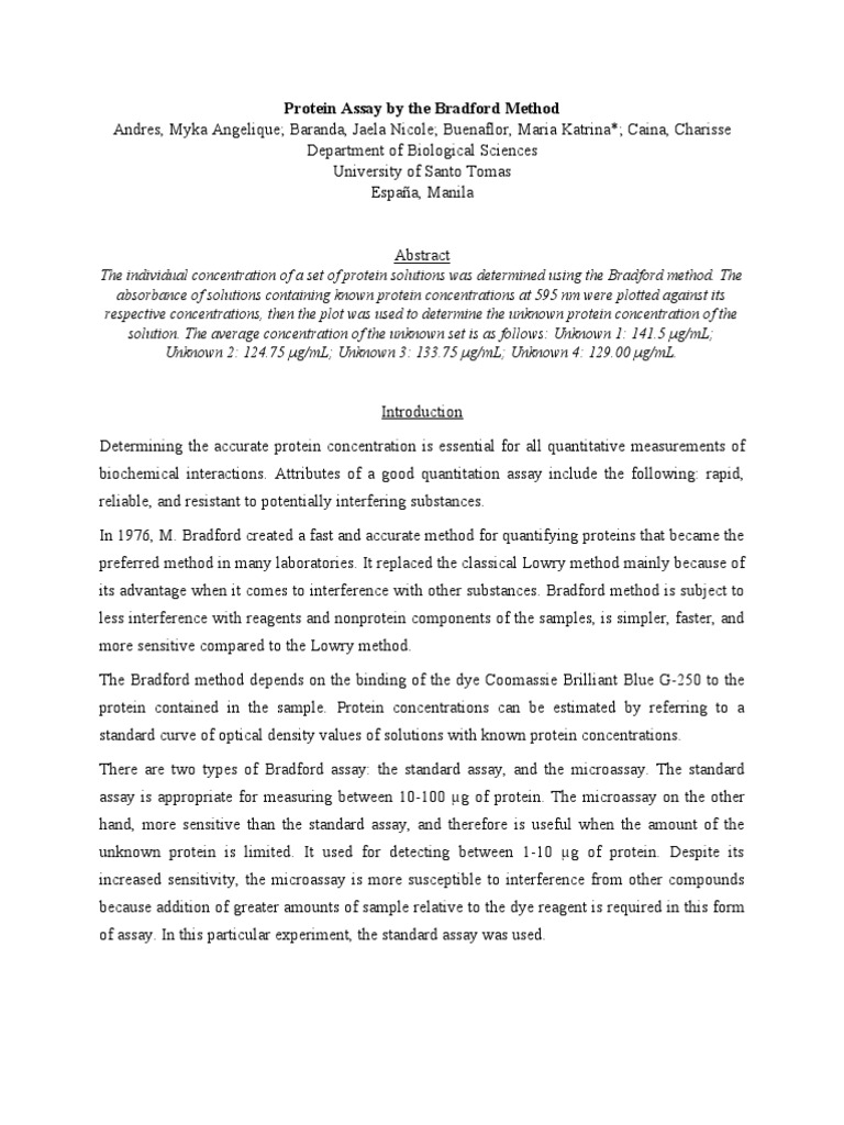 Protein Assay by The Bradford Method | PDF | Laboratory Techniques ...