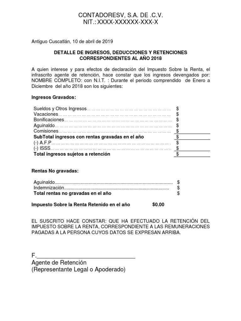 Formato Constancia de Retención Impuesto Sobre La Renta | PDF