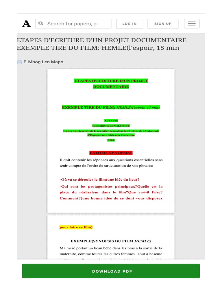 ETAPES DECRITURE DUN PROJET DOCUMENTAIRE EXEMPLE TIRE DU FILM HEMLE ...