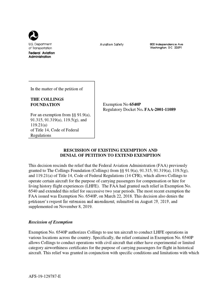 FAA letter rescinding Collings Foundation to accept passengers on ...