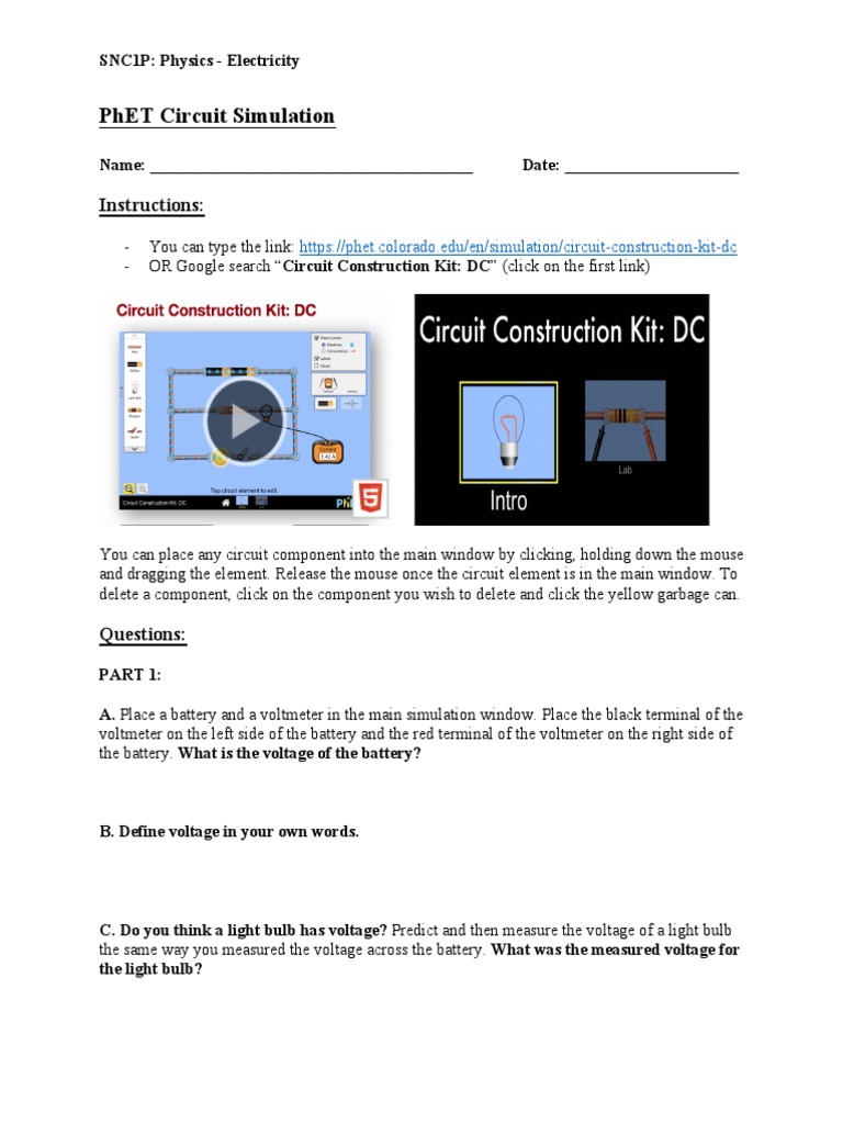 snc1p Phet Circuit Simulations Guide | PDF | Voltage | Electrical Network