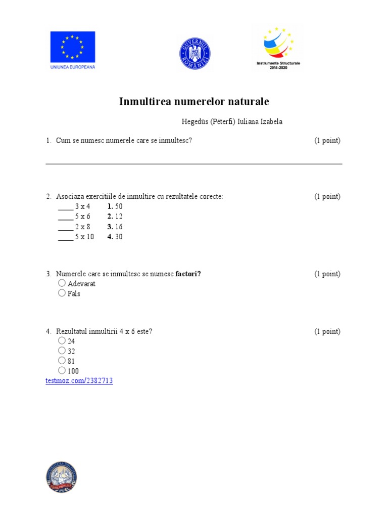 Inmultirea Numerelor Naturale TestMoz | PDF