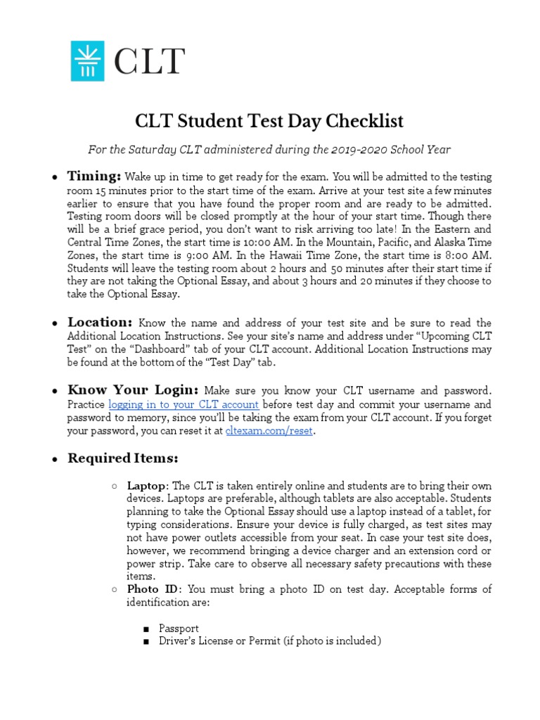 CLT Test Day Preparation Checklist | PDF | Test (Assessment) | Computing
