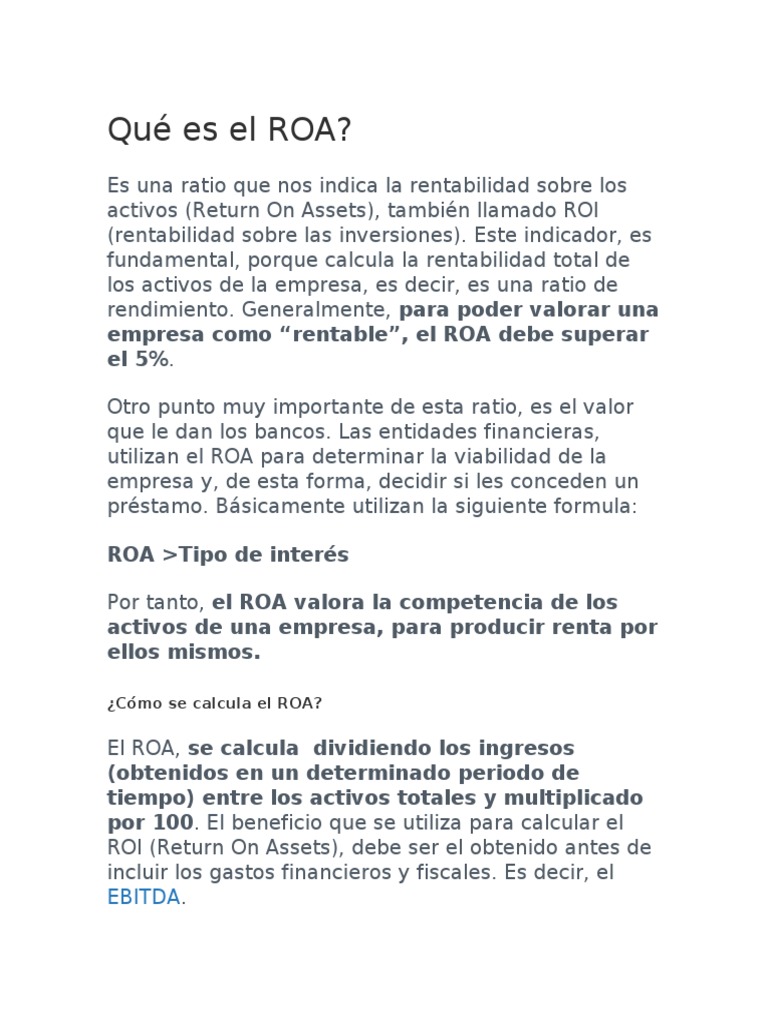Qué Es El ROA | PDF | Rentabilidad sobre recursos propios | Economias