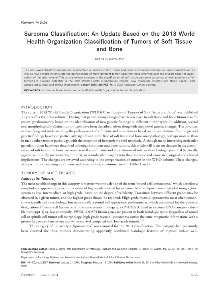 2013 ACS Sarcoma Classification An Update Based On The 2013 World ...