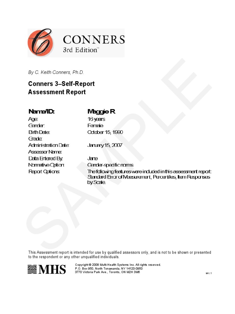 Conners 3 Self Report Assessment PDF | Download Free PDF | Diagnostic ...