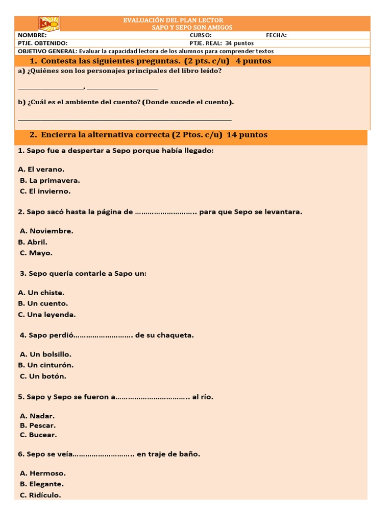 EVALUACIÓN DEL PLAN LECTOR Sapo y Sepo Son Amigos | PDF