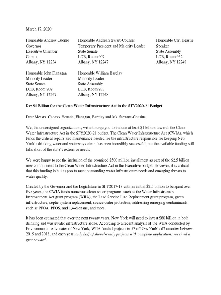 Water Funding Letter | Drinking Water | Infrastructure