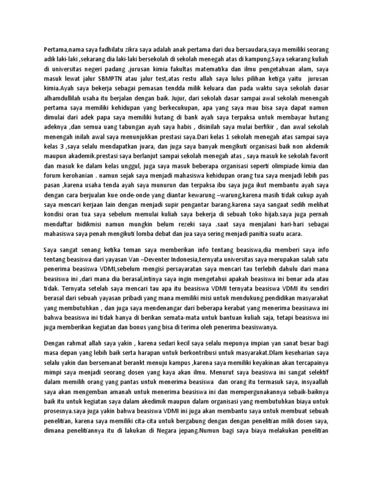 Esai Beasiswa VDMI: Kisah Fadhilatu Zikra | PDF