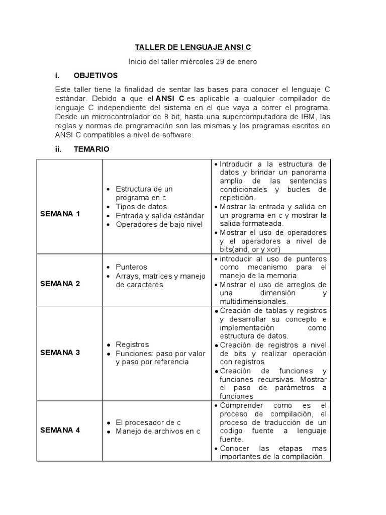 Taller de Lenguaje Ansi C | PDF | C (lenguaje de programación ...