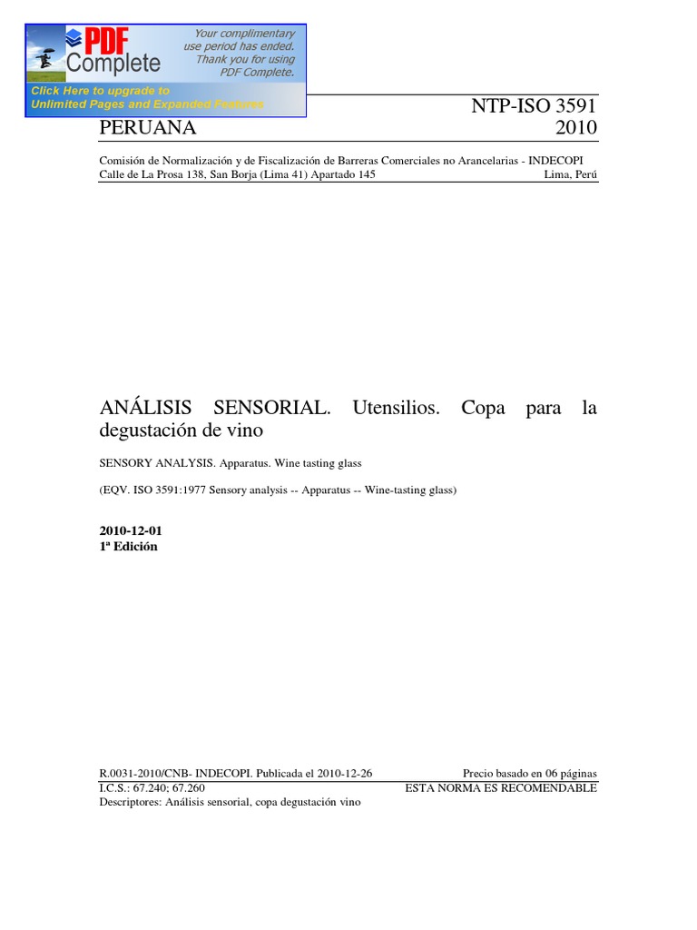 NTP ISO 3591 - Análisis Sensorial. Copa Vino PDF | PDF | Óxido de zinc | Vino