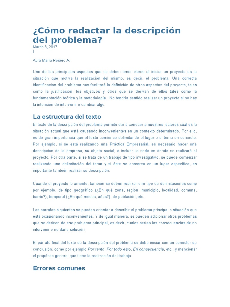 Cómo redactar la descripción del problema en una investigación | PDF ...