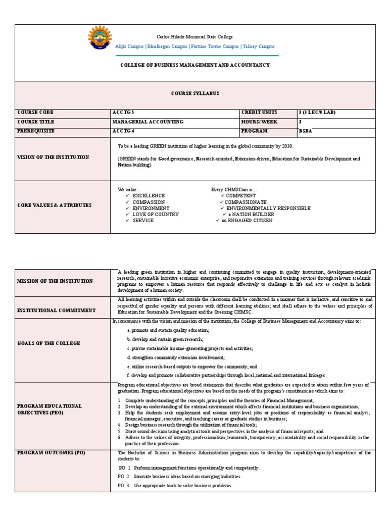 Managerial Accounting Syllabus | PDF | Educational Assessment ...