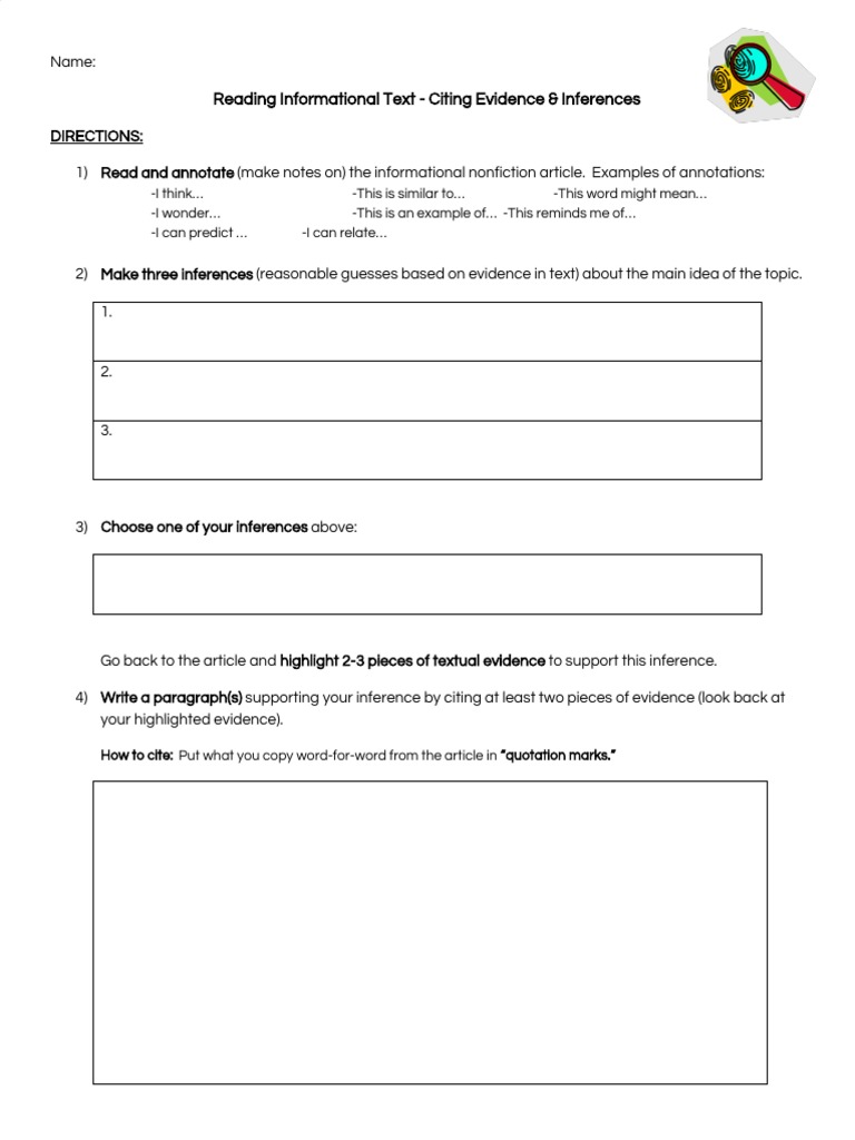 Common Core One Pager Citing Evidence Making Inferences | PDF